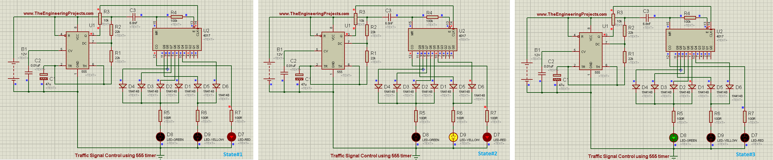 Traffic Signal Control Using 555 Timer In Proteus Isis The Engineering Projects